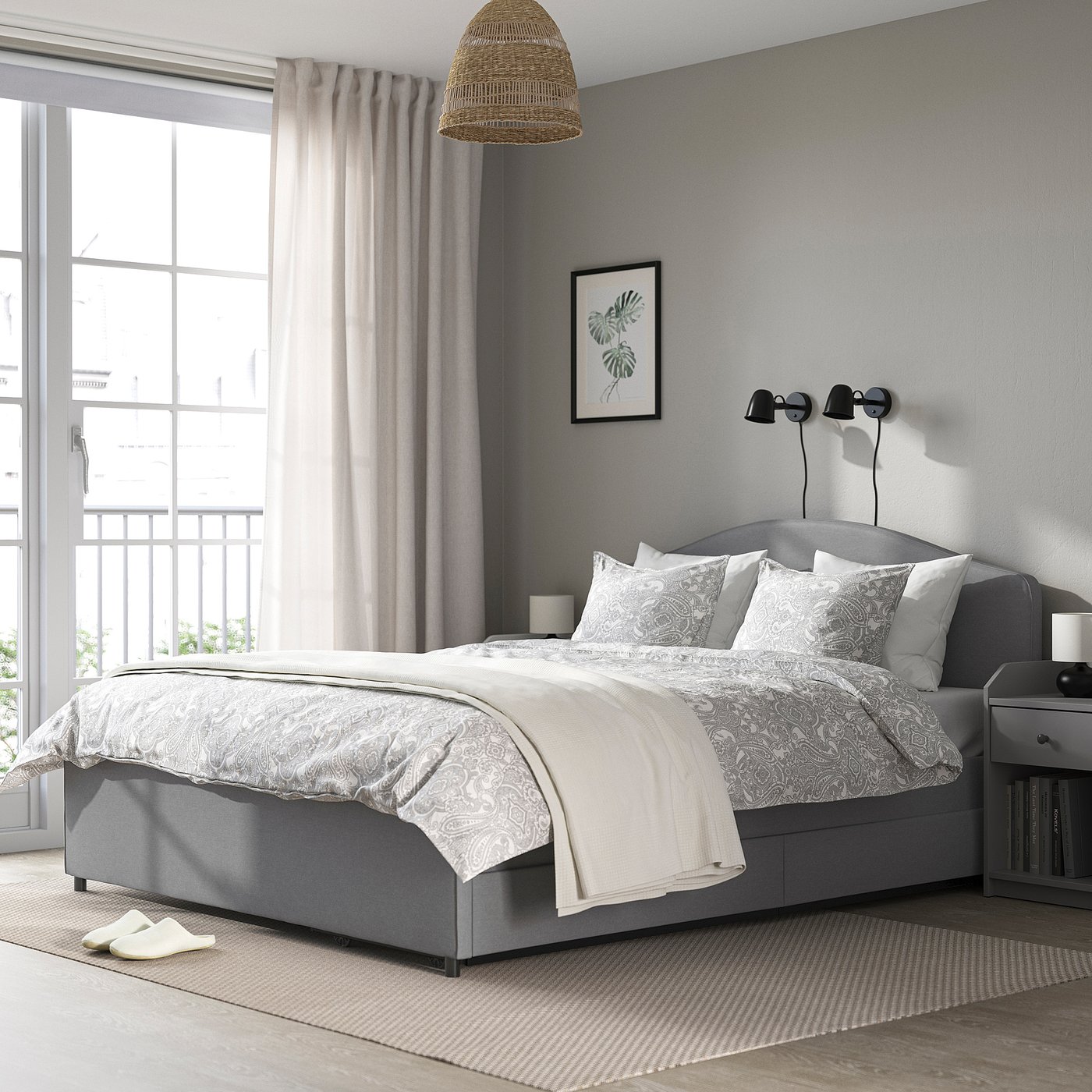 HAUGA upholstered bed, 2 storage boxes Vissle grey - IKEA