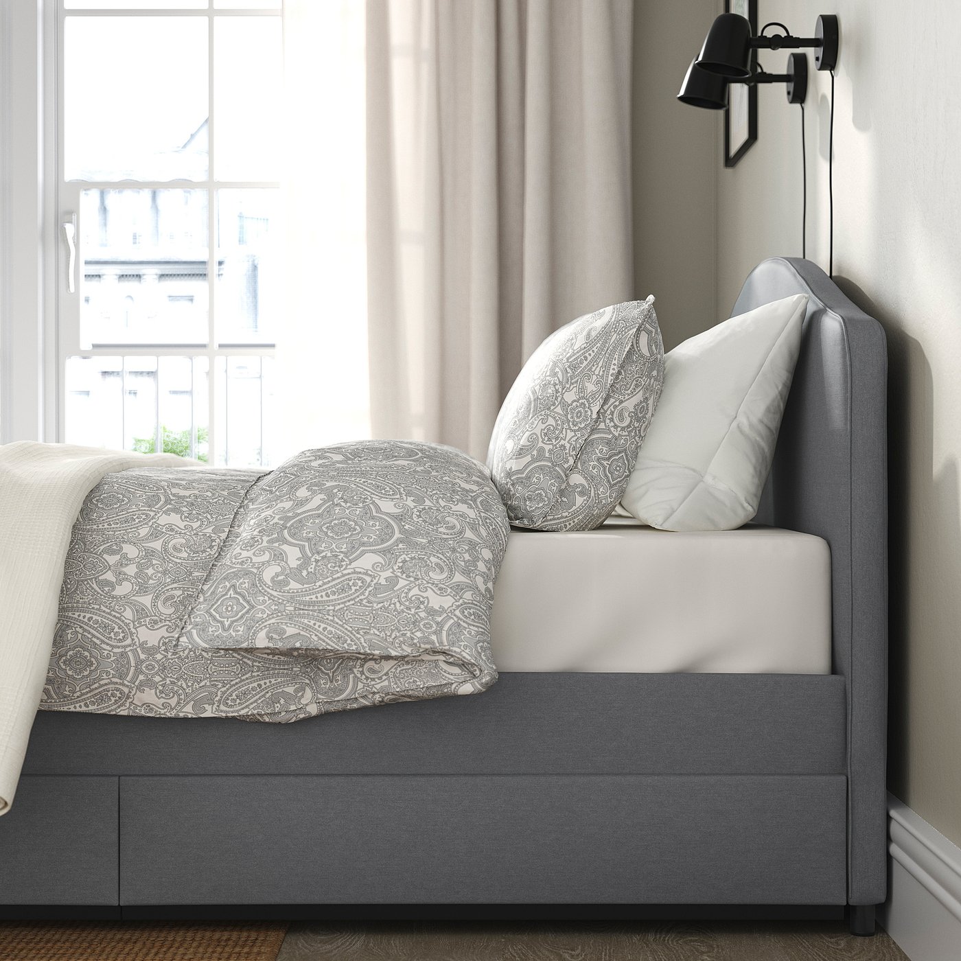 HAUGA upholstered bed, 2 storage boxes Vissle grey - IKEA