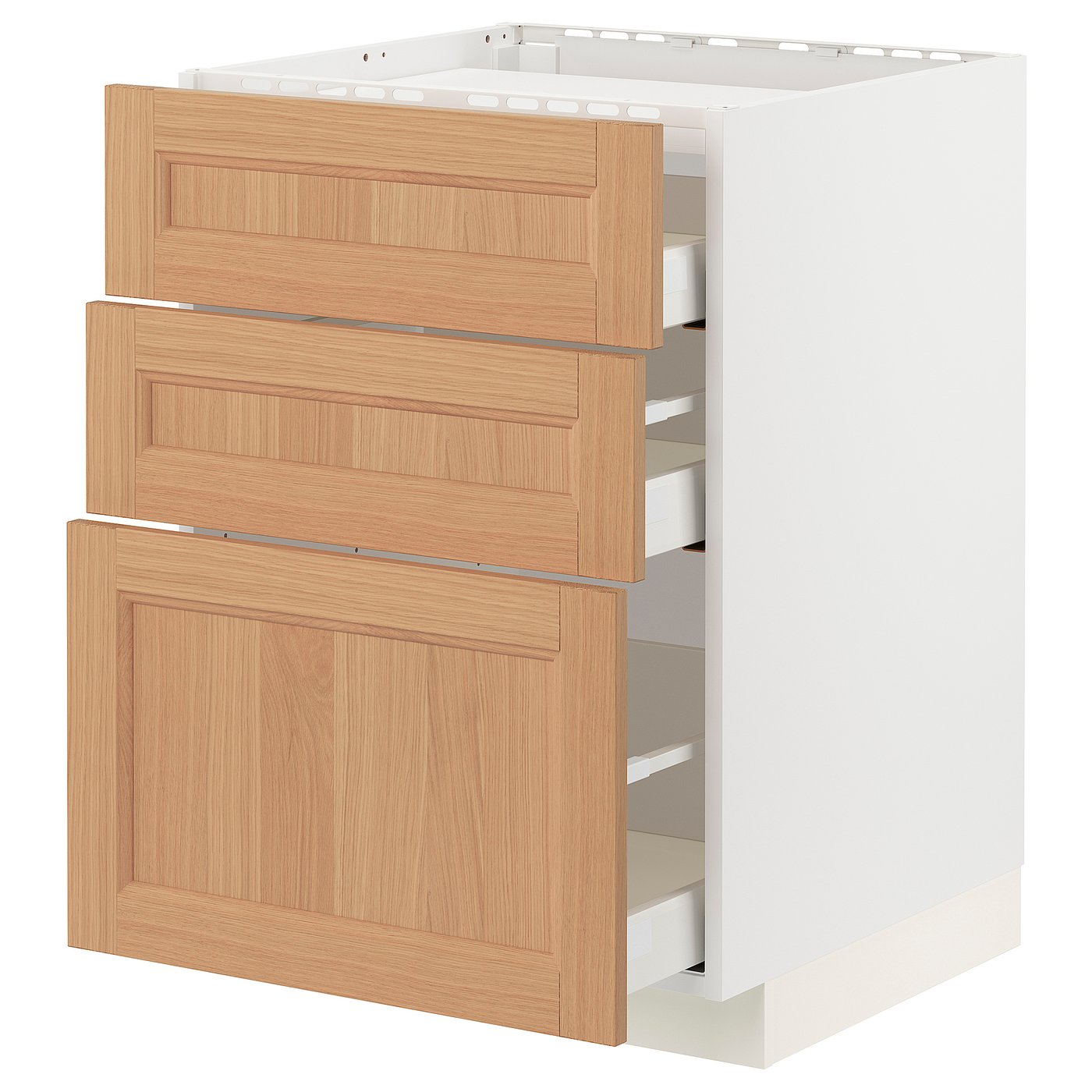 METOD / MAXIMERA base cab f hob/3 fronts/3 drawers white/Vedhamn oak - IKEA