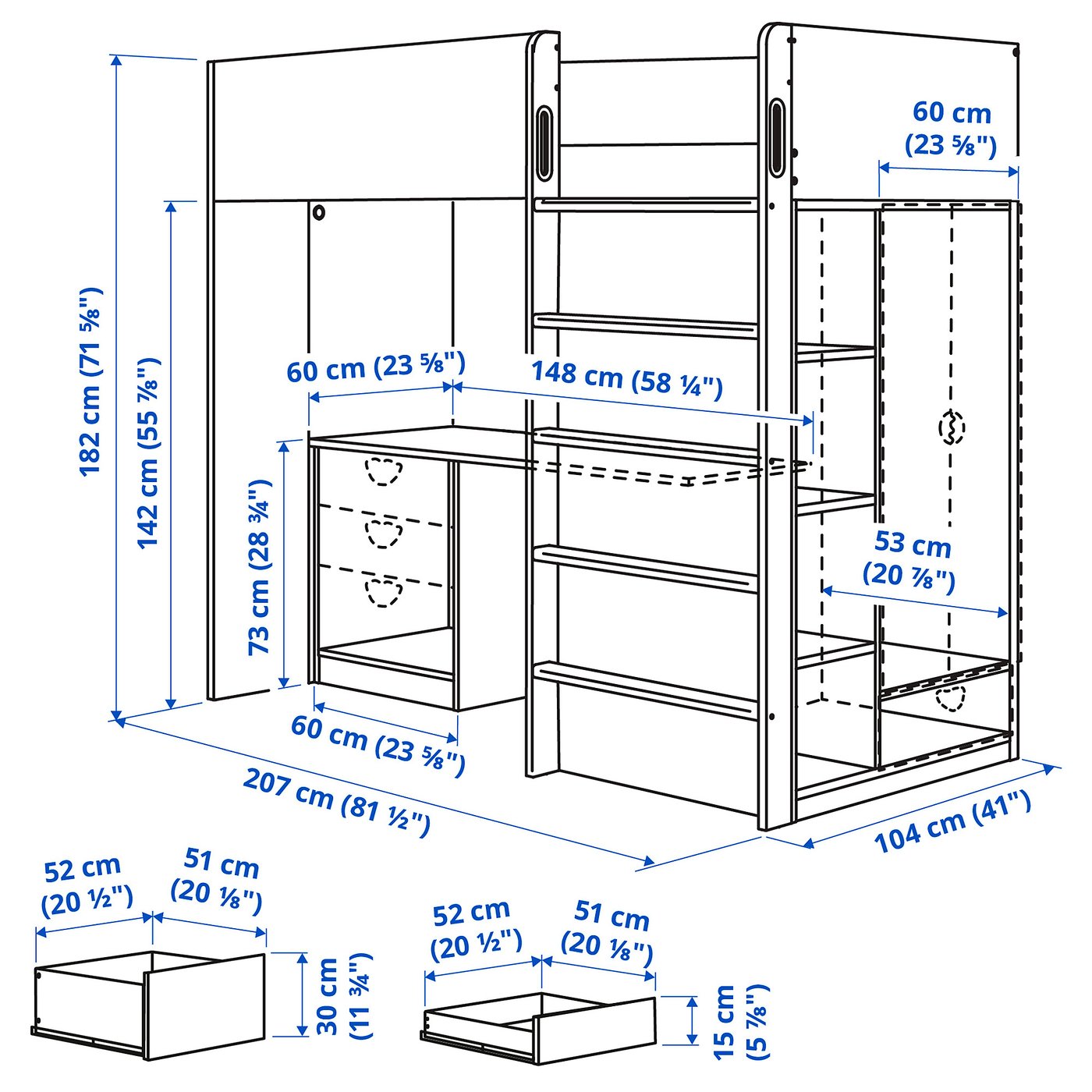 SMÅSTAD loft bed white blue/with desk with 4 drawers 395.426.38 - IKEA